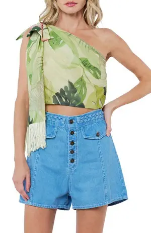 CIEBON Elsy Floral Print Asymmetric Crop Top - Citron Multi
