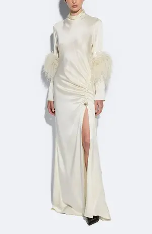Lapointe Doubleface Satin Bias Tab Slit Gown With Ostrich Feathers