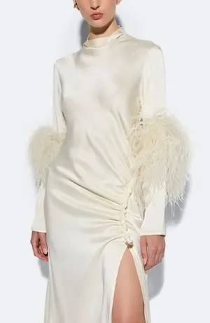 Lapointe Doubleface Satin Bias Tab Slit Gown With Ostrich Feathers