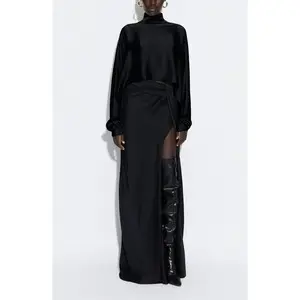 Lapointe Doubleface Satin Cropped Caftan Top - Black