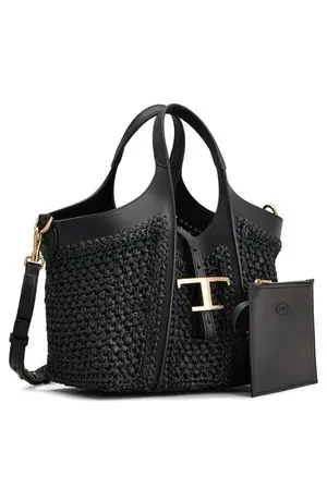 TOD'S Mini T Timeless Crochet Raffia & Leather Shopping Bag - Nero