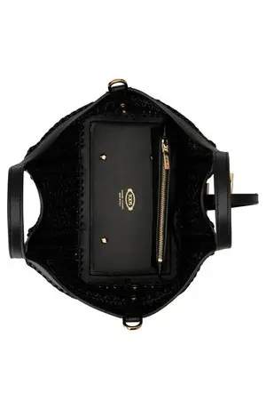 TOD'S Mini T Timeless Crochet Raffia & Leather Shopping Bag - Nero