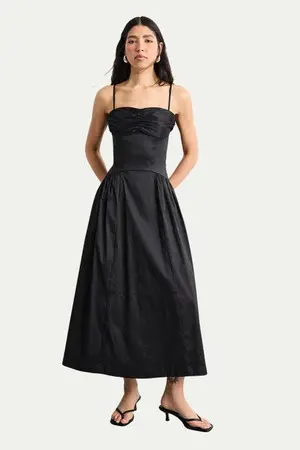 WAREHOUSE Dropped Waist Ruched Bust Midi Dress - Black