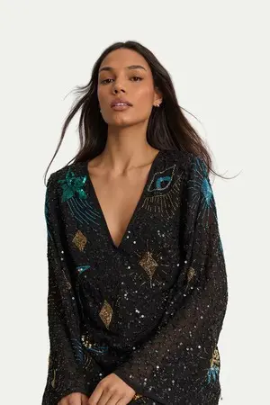 WAREHOUSE Celestial Embellished Mini Dress With Bell Sleeves