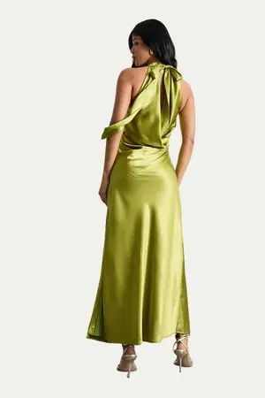 WAREHOUSE Satin Tie Neck Maxi Dress