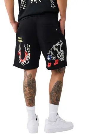 True Religion Fleece Sweat Shorts With Sketched Graphics - Jet Black