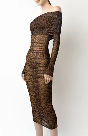 Lapointe Printed Mesh Off-shoulder Midi Dress