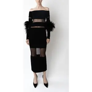 Lapointe Matte Viscose Intarsia Dress With Feathers - Black