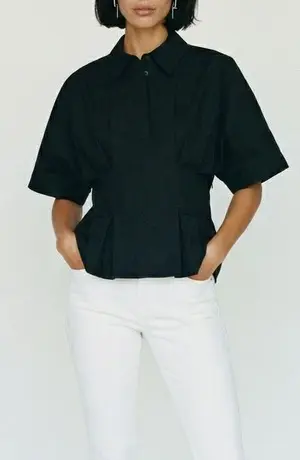 Vero Moda Pleated Button Half Placket Peplum Hem Shirt - Black