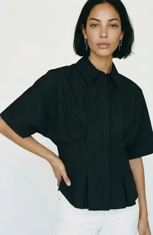 Vero Moda Pleated Button Half Placket Peplum Hem Shirt - Black