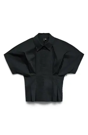 Vero Moda Pleated Button Half Placket Peplum Hem Shirt - Black