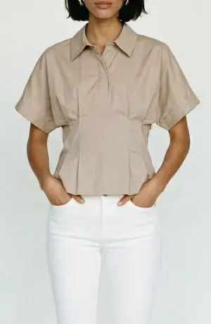 Vero Moda Pleated Button Half Placket Peplum Hem Shirt - Cement