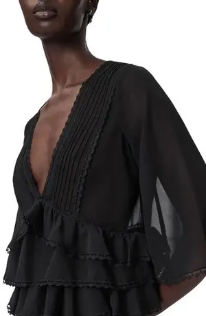 ALLSAINTS Plunge Neck Tiered Ruffle Lace Trim Top