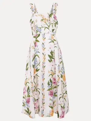 PHASE EIGHT Lucia Linen Blend Square Neck Midi Dress With Floral Print