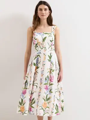 PHASE EIGHT Lucia Linen Blend Square Neck Midi Dress With Floral Print