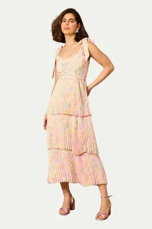 OASIS Pleated Tie Shoulder Midi Dress - Multi