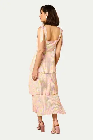 OASIS Pleated Tie Shoulder Midi Dress - Multi