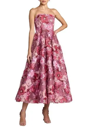 Mac Duggal Strapless Sequin Floral Midi Dress With Pockets