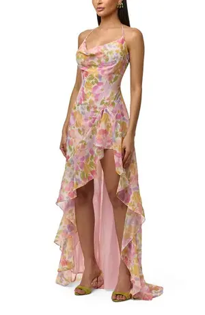 Naked Wardrobe Floral Chiffon Halter High-low Dress