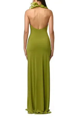 Naked Wardrobe Ruffled Plunge Halter Maxi Dress
