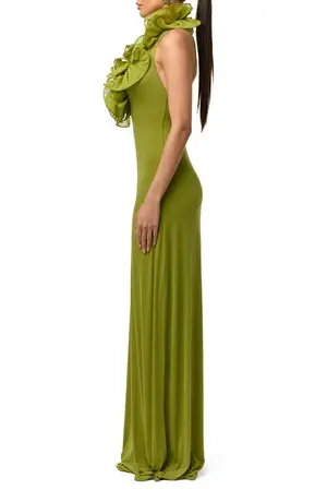 Naked Wardrobe Ruffled Plunge Halter Maxi Dress