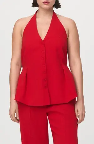 Mango Pleated Halter Peplum Top - Red