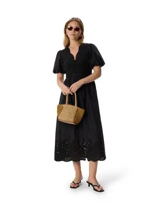 Whistles Cotton Broderie Midi Dress - Black