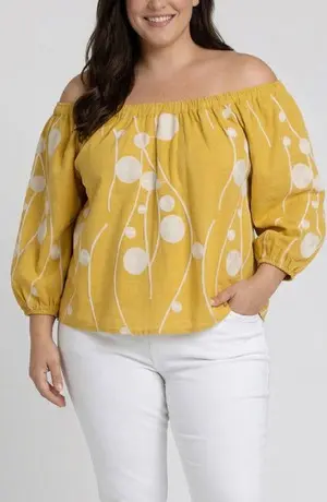 LIVERPOOL Embroidered Off The Shoulder Woven Cotton Top - Yellow W/cream Embroidery