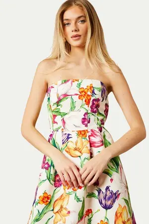 OASIS Floral Twill Strapless Midi Dress