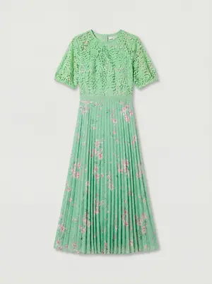 OASIS Floral Lace Bodice Pleated Midi Dress