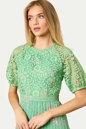OASIS Floral Lace Bodice Pleated Midi Dress