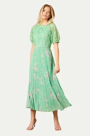 OASIS Floral Lace Bodice Pleated Midi Dress - Sage