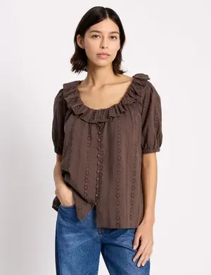 ALBARAY Ruffle Neck Button-front Blouse - Brown