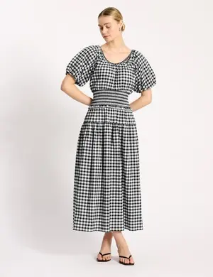 ALBARAY Gingham Blouson Sleeve Midi Dress - Black