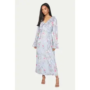 WALLIS Floral Ruffle Belted Midaxi Dress - Blue