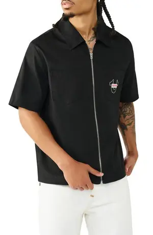 True Religion Buddha Graphic Short Sleeve Zip-up Shirt - Black
