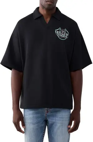 True Religion Tiger Graphic Oversize Polo - Jet Black