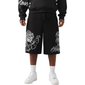 True Religion Tiger Script Drawstring Fleece Shorts - Jet Black