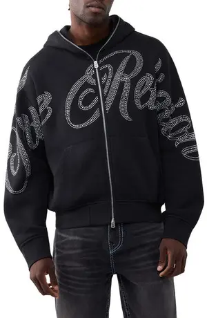 True Religion Crystal Logo Boxy Zip Hoodie - Jet Black