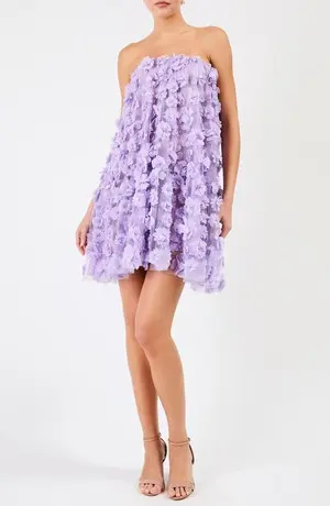 HELSI Bianca Floral Appliqué Strapless Babydoll Minidress - Lavender