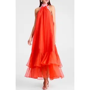 HELSI Romy Floral Appliqué Tiered Crinkle Chiffon Halter Maxi Dress - Persimmon