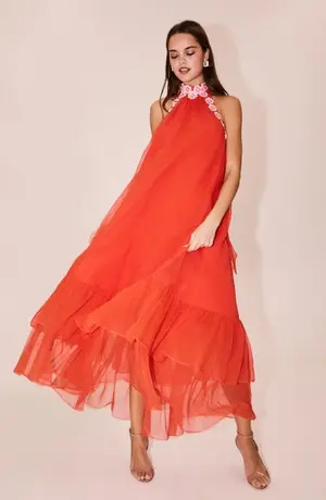 HELSI Romy Floral Appliqué Tiered Crinkle Chiffon Halter Maxi Dress