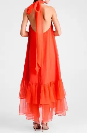 HELSI Romy Floral Appliqué Tiered Crinkle Chiffon Halter Maxi Dress