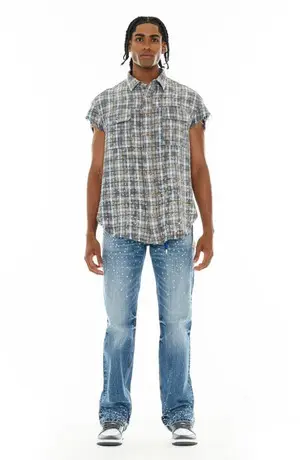 CULT OF INDIVIDUALITY Plaid Short Sleeve Cotton Button-up Shirt
