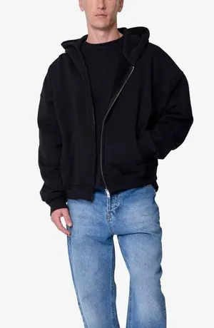 Mnml Heavy Basic Cotton Zip Front Hoodie - Black