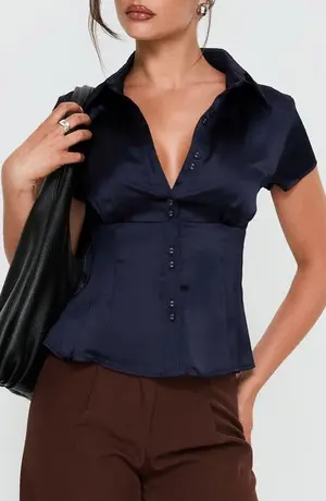Princess Polly Cottesloe Satin Top - Navy