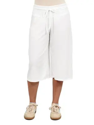 24SEVEN COMFORT APPAREL Womens Basic Ribbed Knit Drawstring Flared Capri Pants Ivory