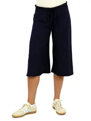 24SEVEN COMFORT APPAREL Womens Basic Ribbed Knit Drawstring Flared Capri Pants Navy