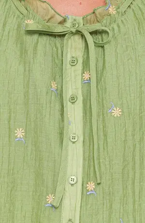 PETAL & PUP Lumi Embroidery Detail Ruffle Neck Button-up Top