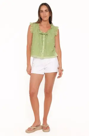 PETAL & PUP Lumi Embroidery Detail Ruffle Neck Button-up Top